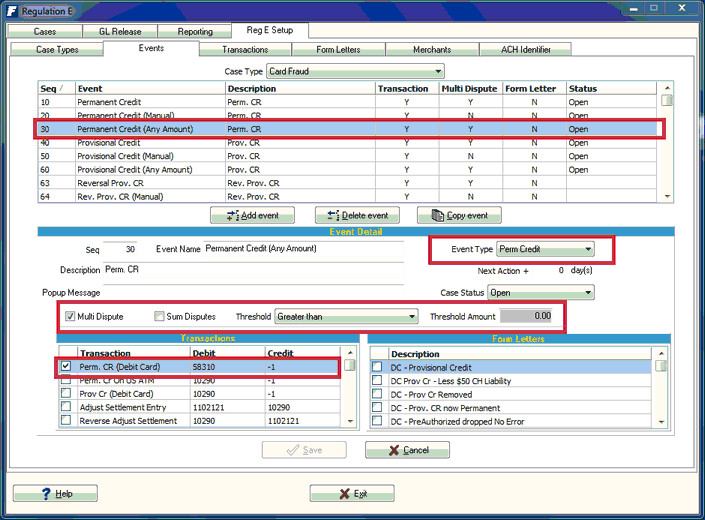 Regulation E Back Office > Regulation E > Reg E Setup > Events ...